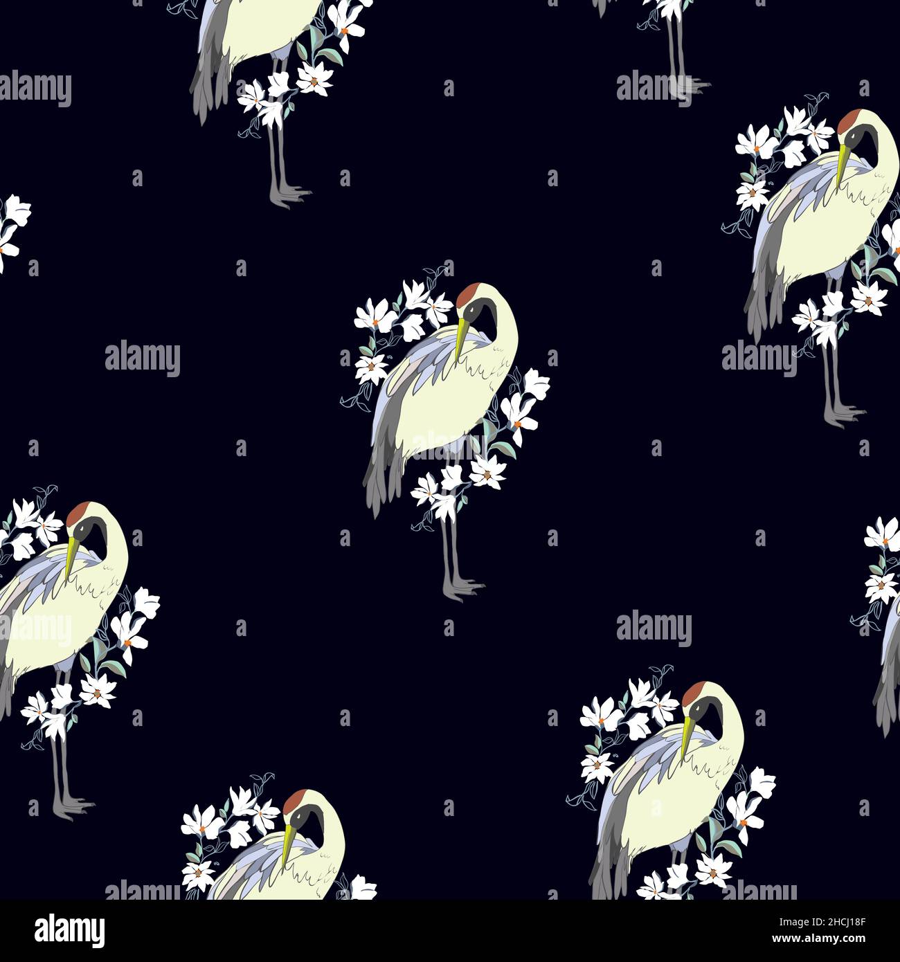 crane, pattern, vector illustration flying bird flower Stock Vector ...