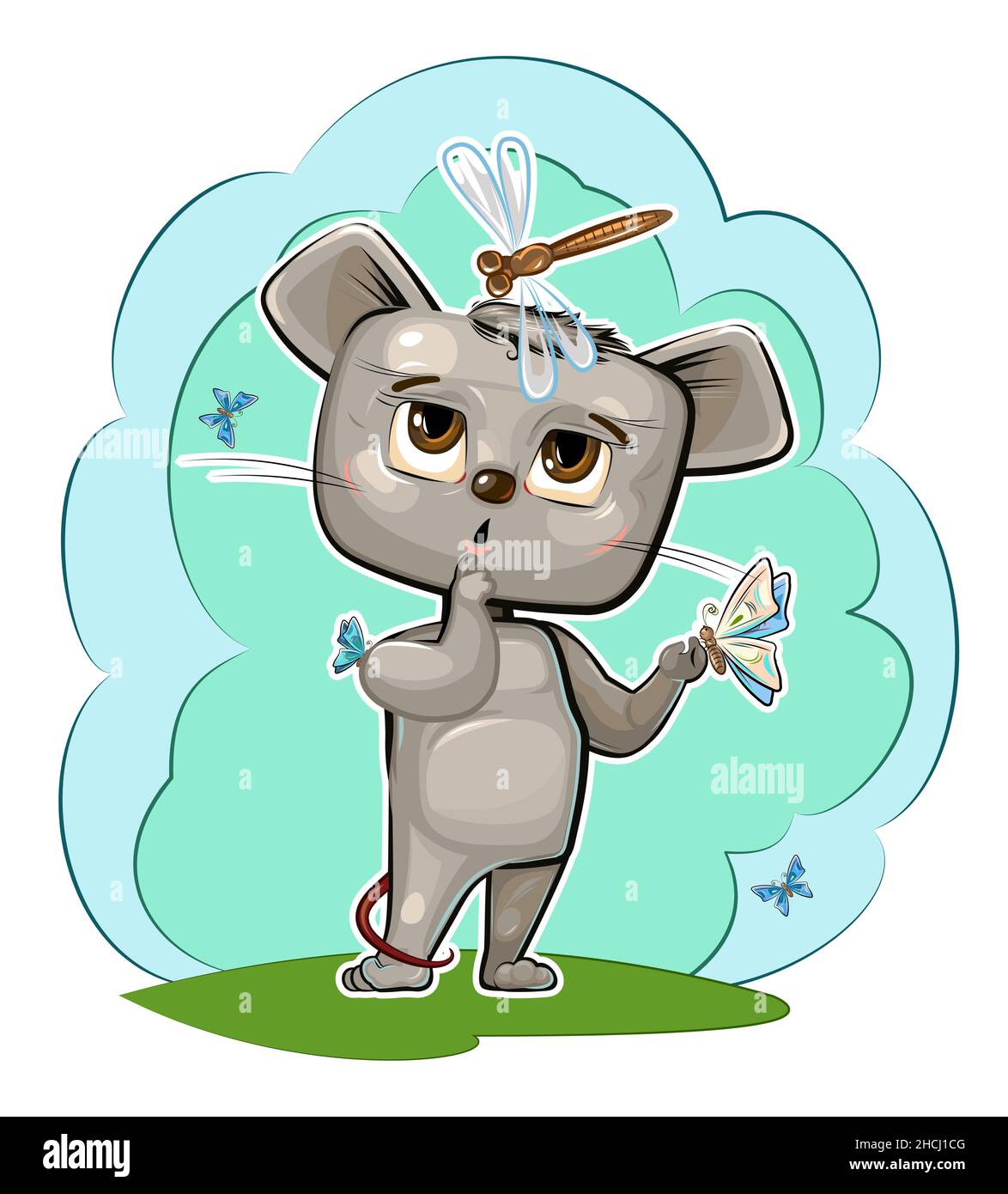 Baby Mouse loves butterflies. Characters of child stand. Funny ...