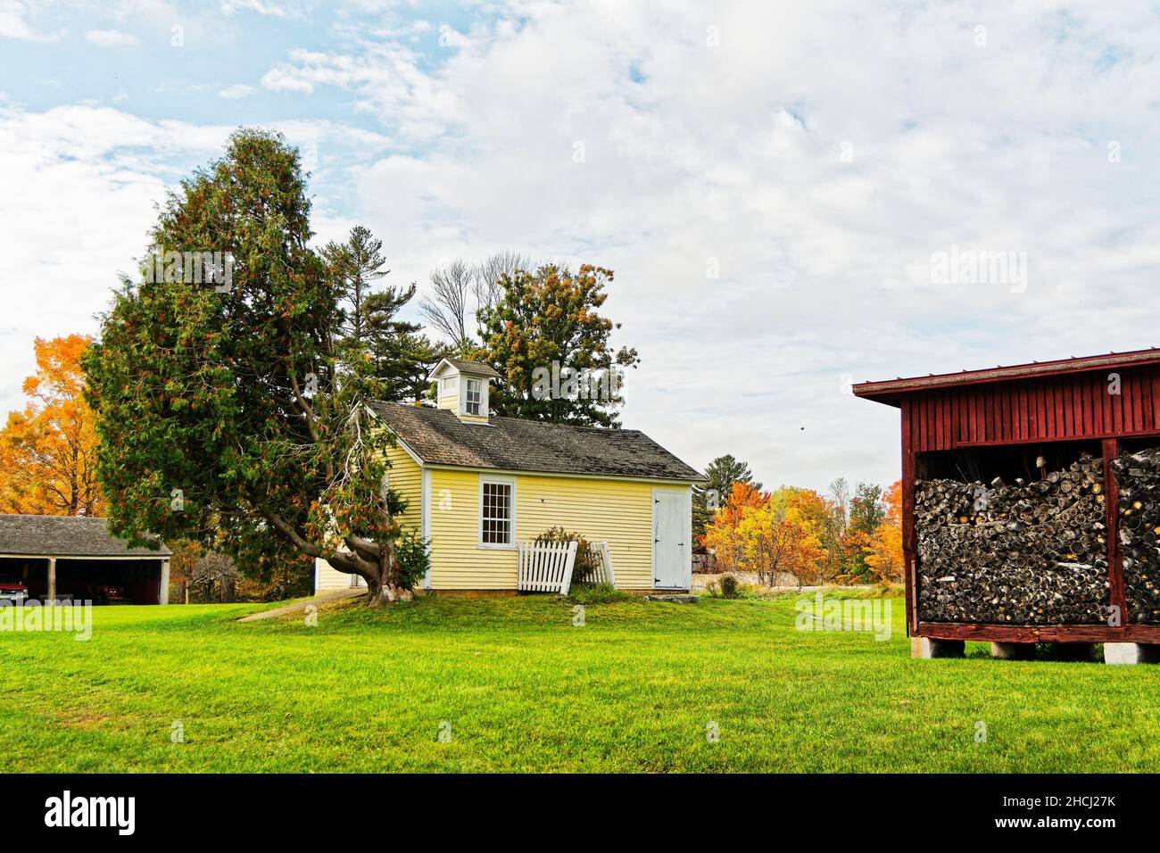 The yellow bee house and red woodshed against autumn trees on an ...
