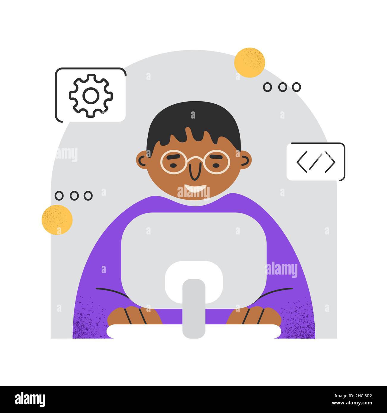 Young man working with laptop and computer. Software developer ...