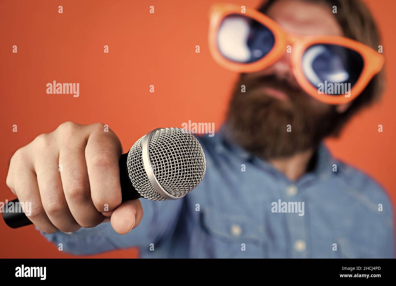 party goer. hipster man with beard wearing glasses. music concept. have ...