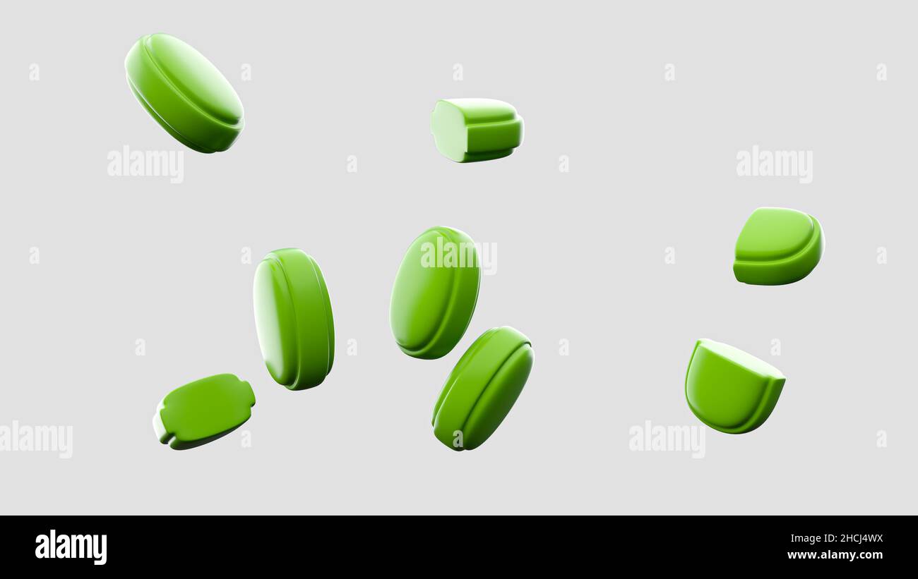 A Green Menthol mint hard candies floating isolated on white background ...