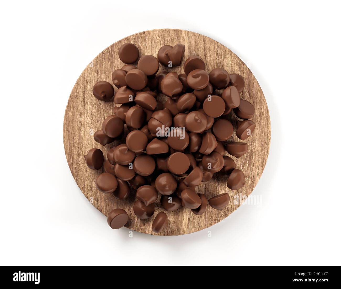 a top view of Chocolate chips on a circular wood plate, isolated on ...