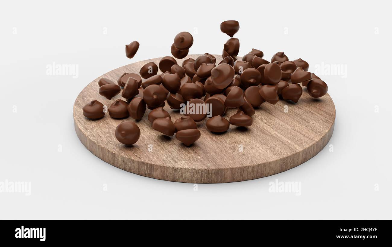 Chocolate Chips Falling on round Wooden tray board 3d illustration ...
