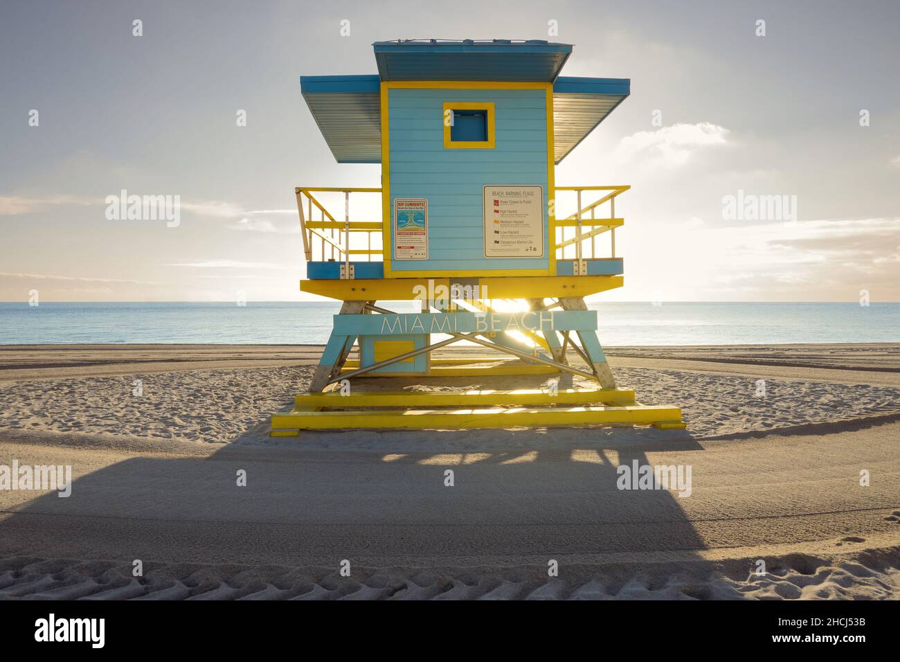 Blue lifeguard tower on the beach during sunset in South Pointe Park ...