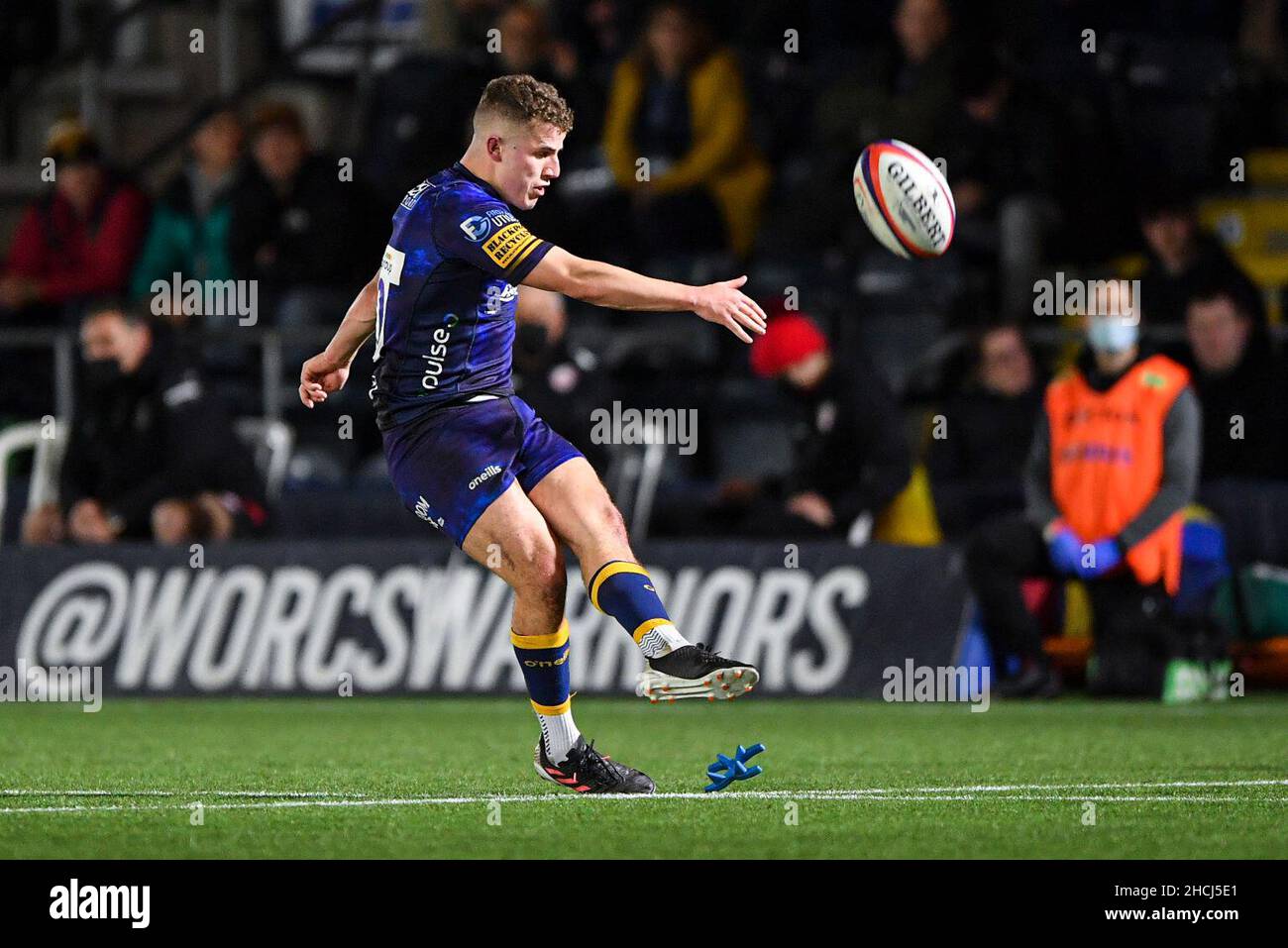 Worcester Warriors' Billy Searle kicks a conversation during the ...