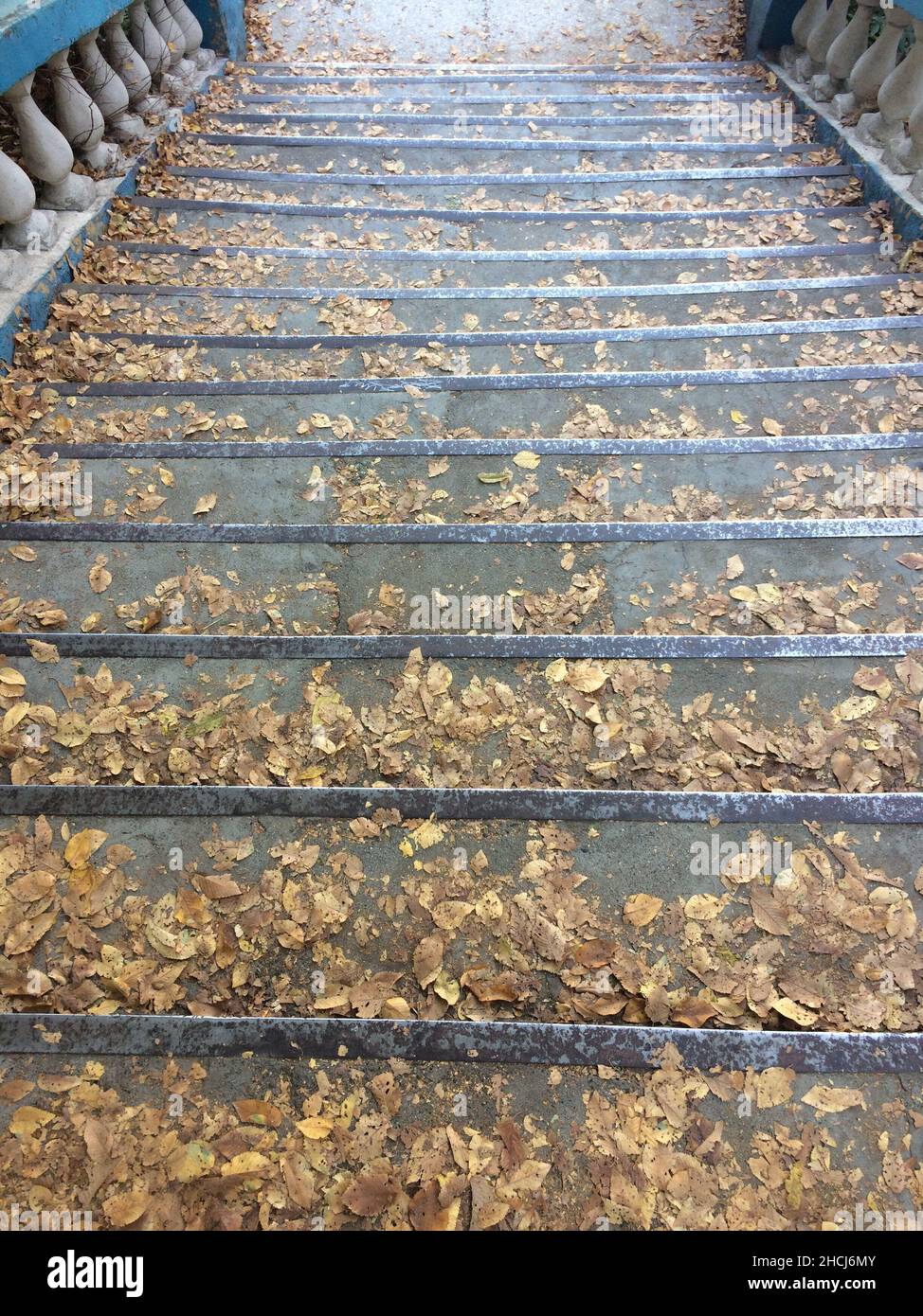 Shot of autumn leaves on stairs in a Stock Photo - Alamy