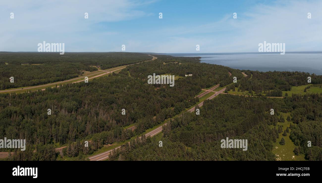 Forest and Roads Alongside Lake Superior, Minnesota In Summer - drone ...