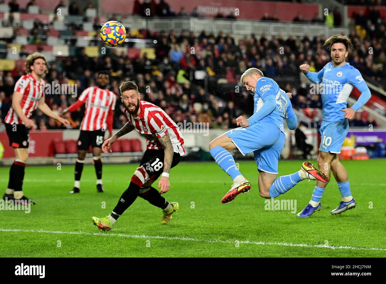 Phil Foden #47 of Manchester City has his header disallowed for offside ...
