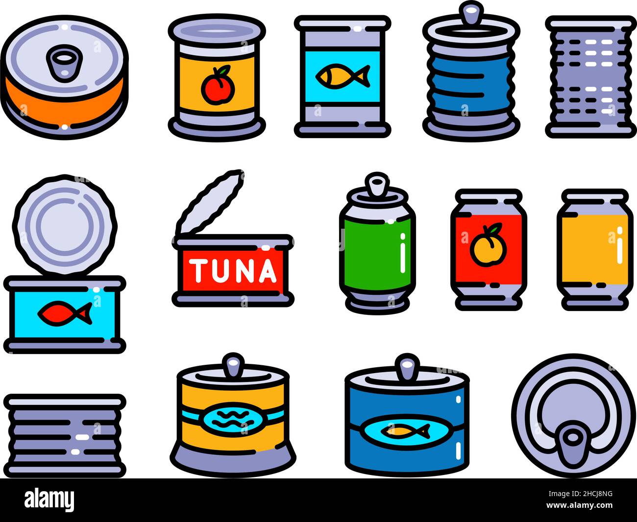 Tin can flat color icons set. Collection of tin can vector icons in ...