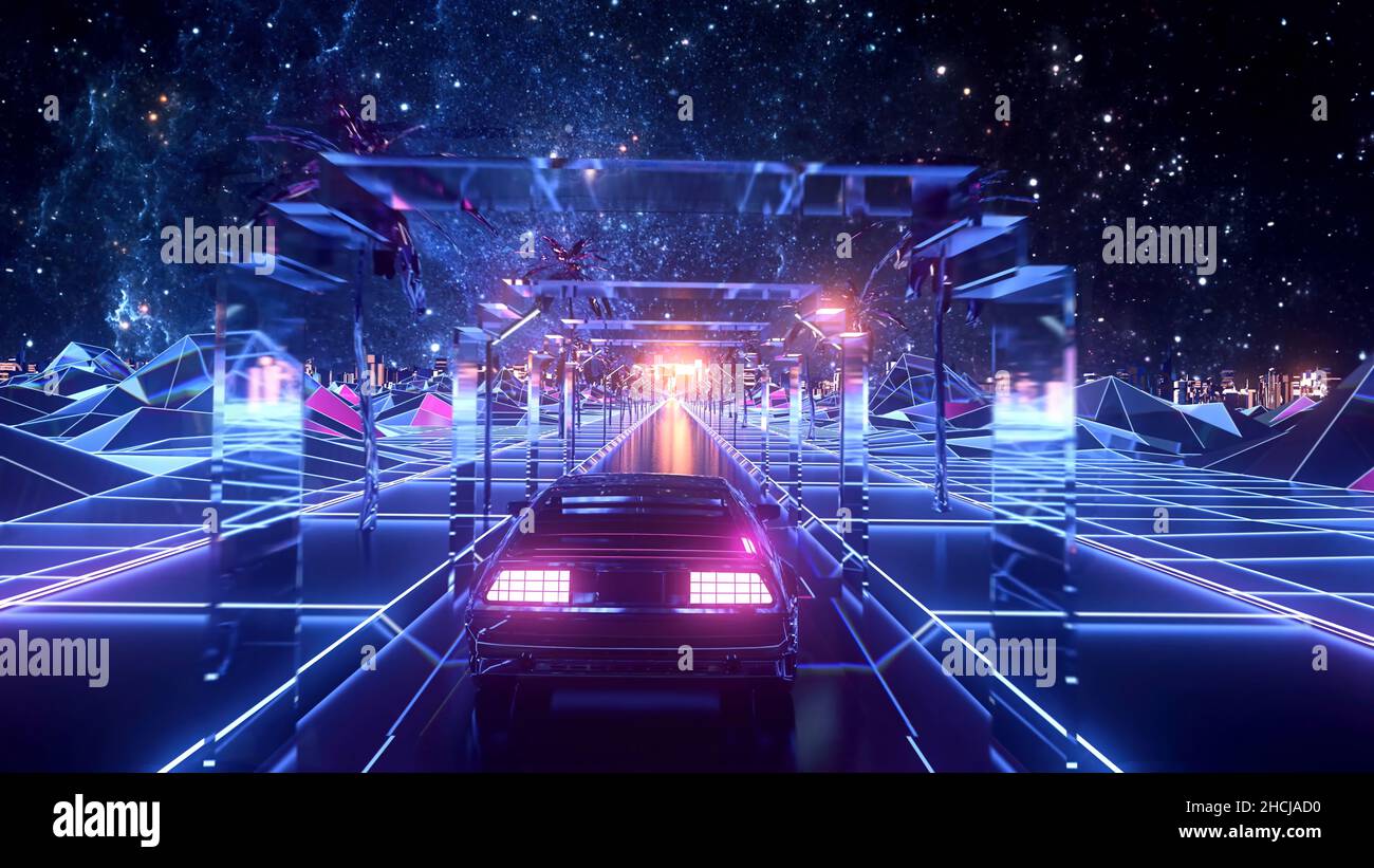 Abstract futuristic car driving on a road among street lamps and palm ...