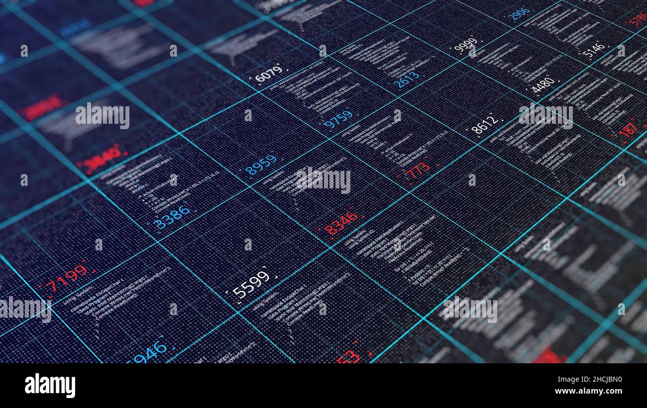Details of an abstract computer code creation. Lots of glowing numbers ...