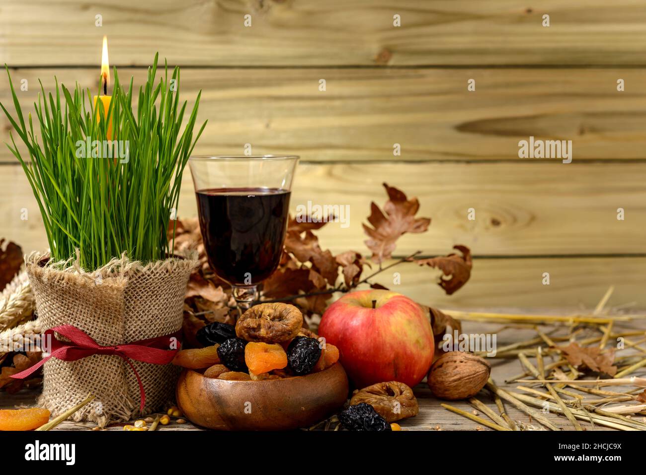 Traditional food for orthodox Christmas eve. Yule log or badnjak, wine ...