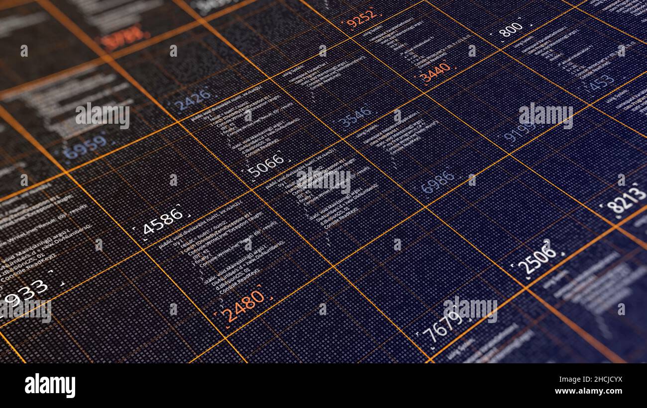 Details of an abstract computer code creation. Lots of glowing numbers ...