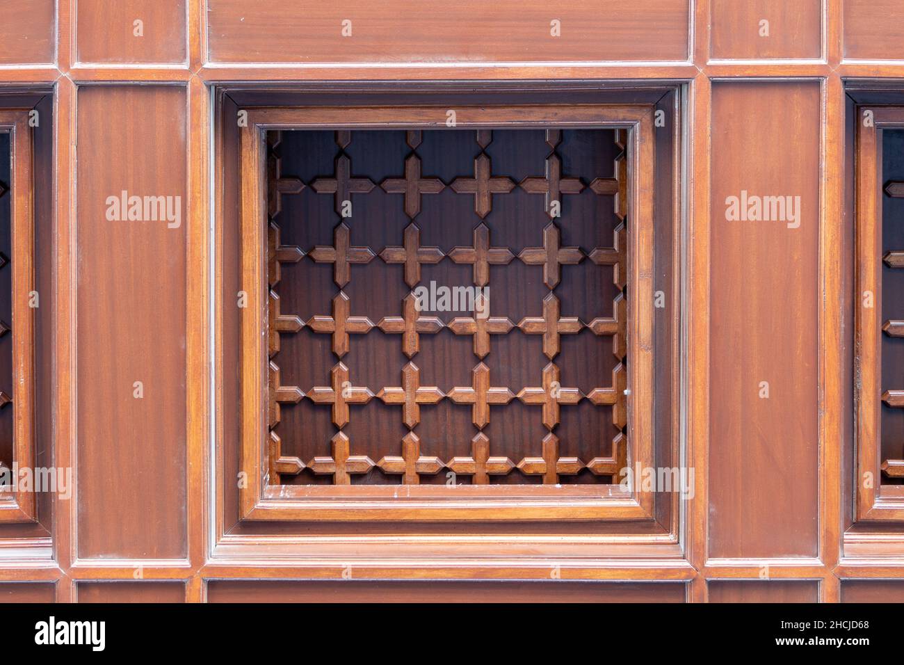 Closeup of a decorated modern wooden window in Doha, Qatar Stock Photo ...