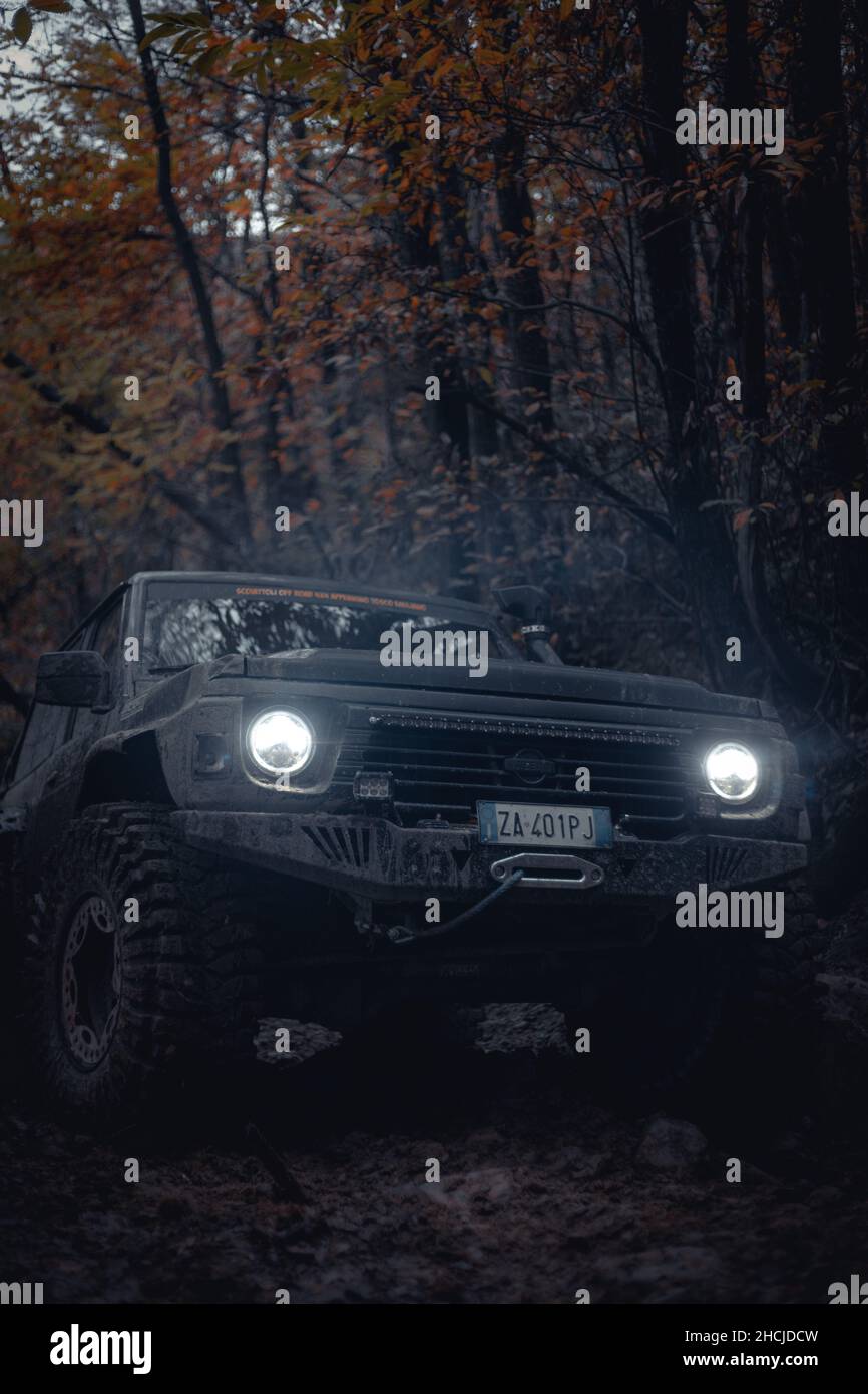 Off-road black car driving in the dark forest Stock Photo - Alamy
