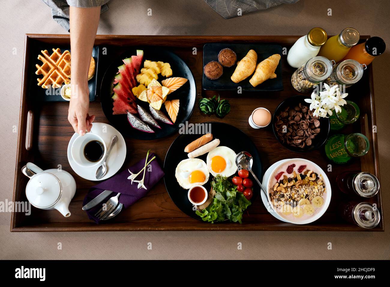 Top view of a continental breakfast on a big tray Stock Photo - Alamy