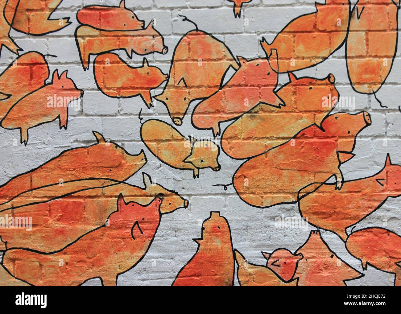 Painted Orange Pigs on White Brick Wall Stock Photo - Alamy