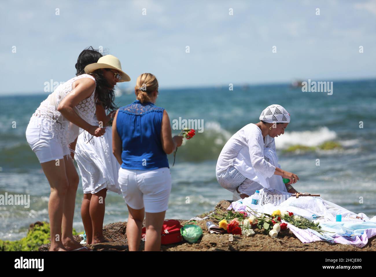 salvador, bahia, brazil - february 2, 2015: Candomble devotees and supporters of the African ...