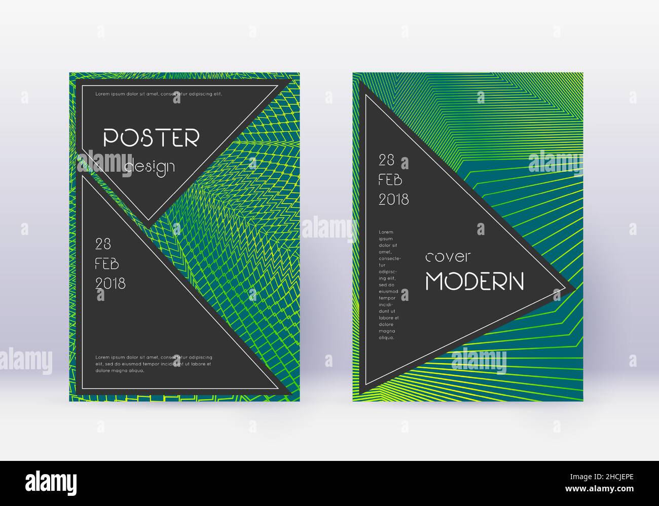 Black cover design template set. Green abstract lines on dark ...