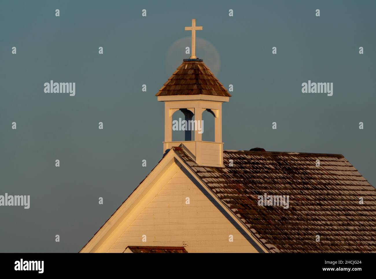 Moon rising over Prairie Country Church Canada Stock Photo - Alamy