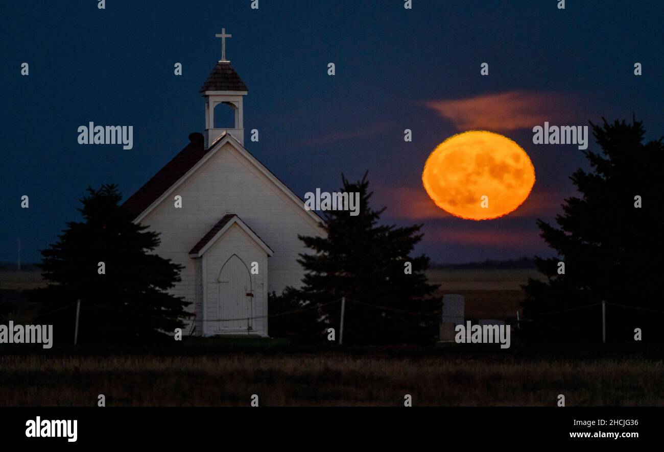 Moon rising over Prairie Country Church Canada Stock Photo - Alamy