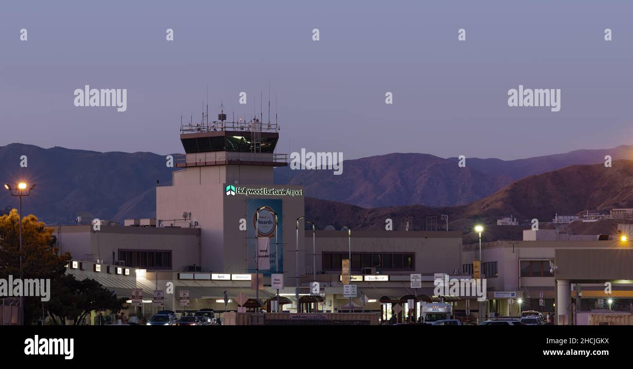 Hollywood Burbank Airport, BUR, in Los Angeles County shown at dusk ...