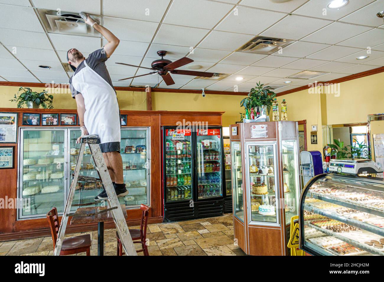 Hispanic man male employee cleaning using on ladder cleaning fan hi-res ...