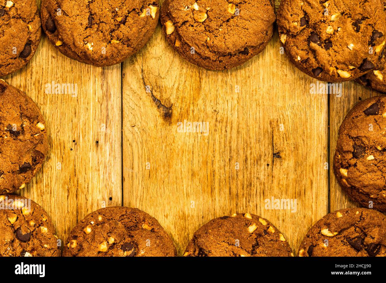 Frame made of chocolate chip cookies, biscuits, top view with copy ...