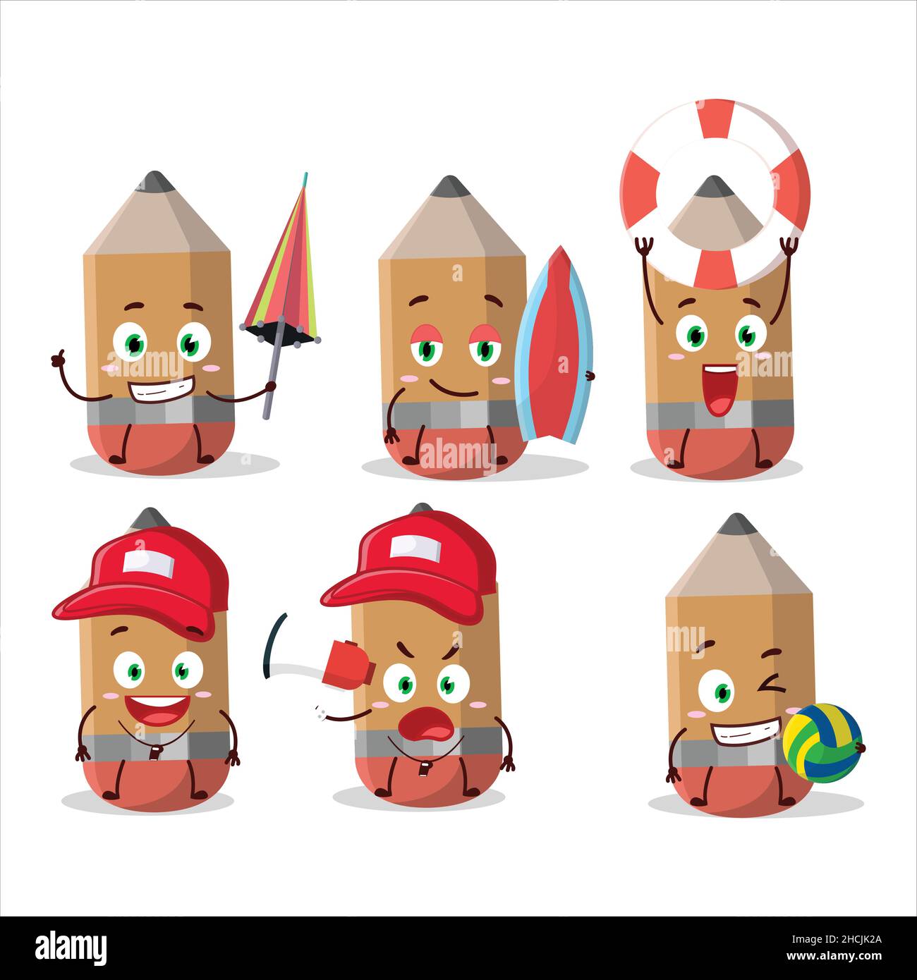 Happy Face Pencil cartoon character playing on a beach. Vector ...