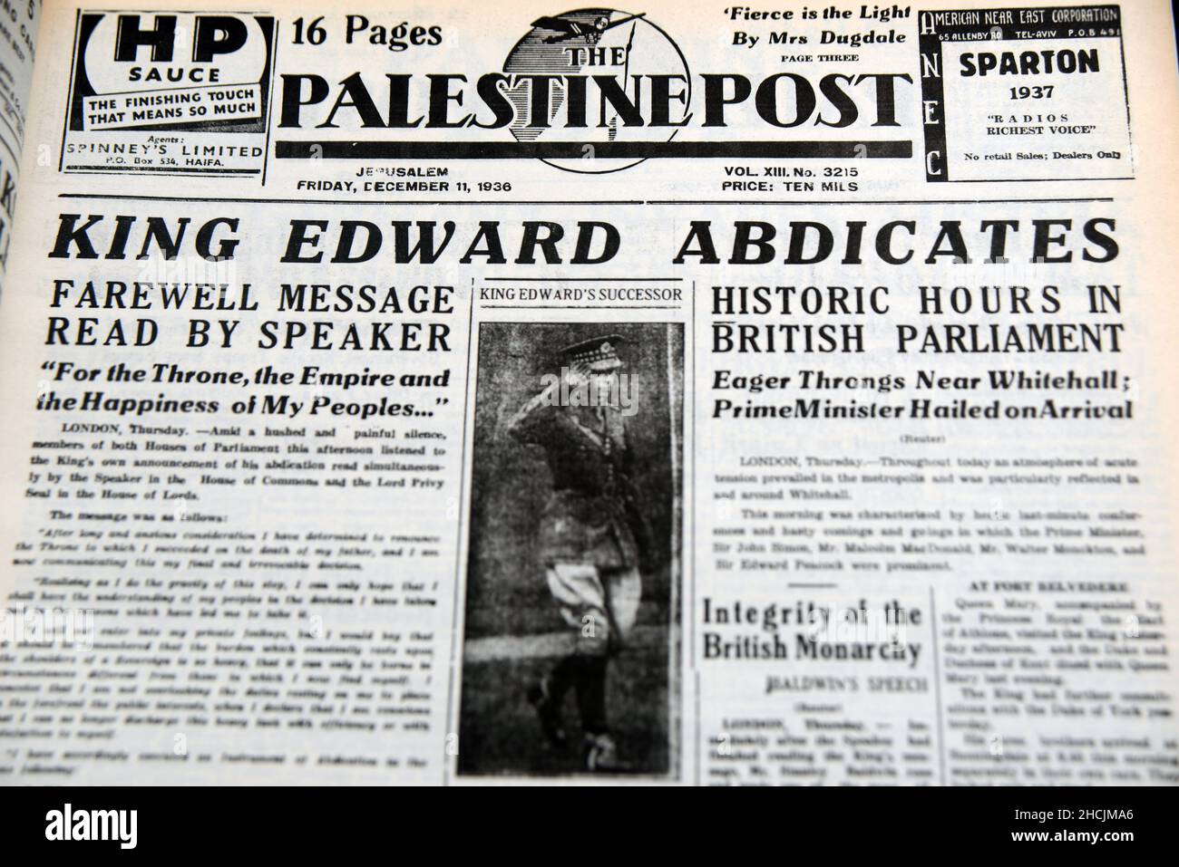 Headline from Israeli newspaper featuring an historical event - King ...