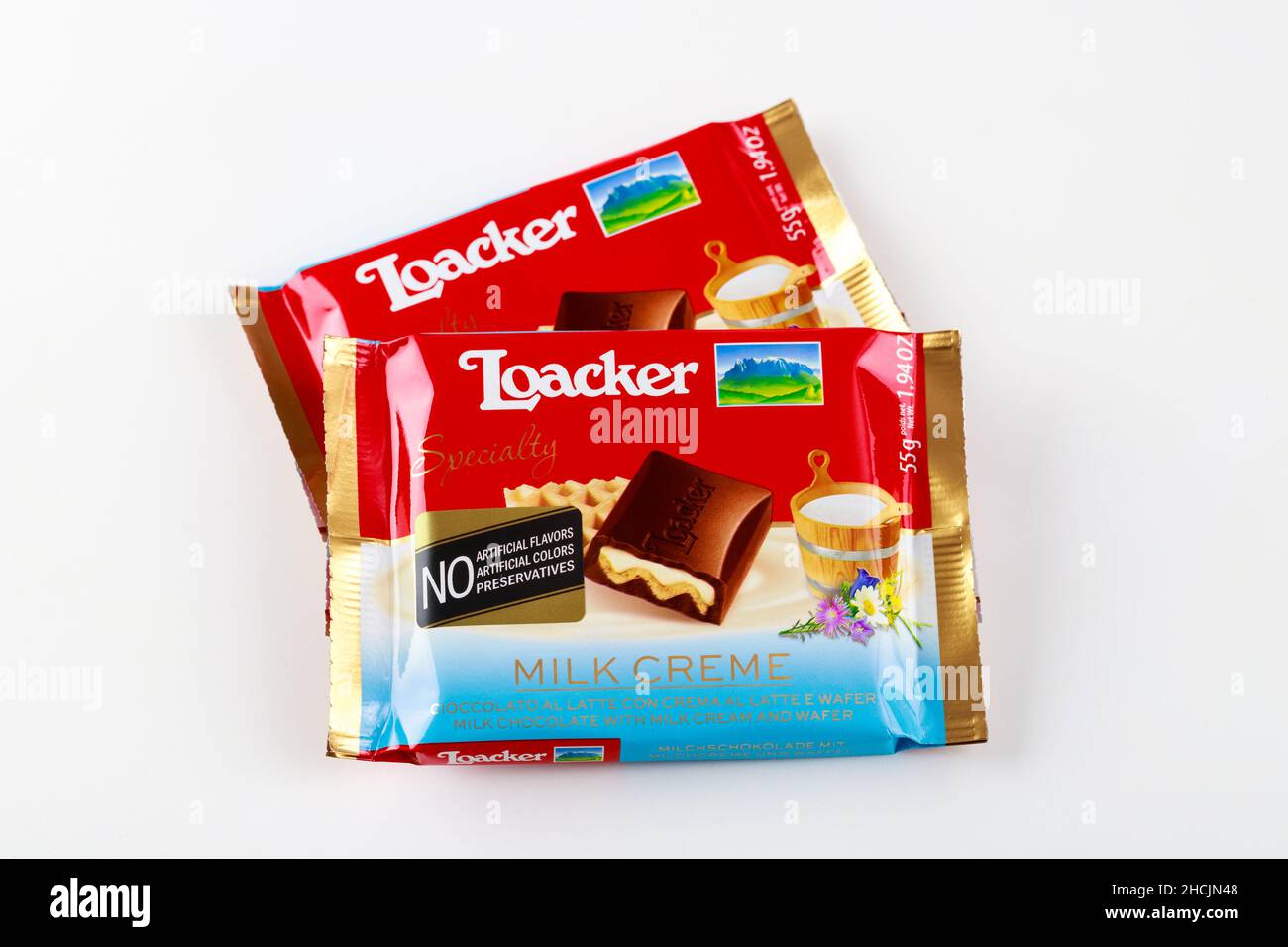 May 4, 2021. New York. Loacker milk chocolate bars on white isolated ...