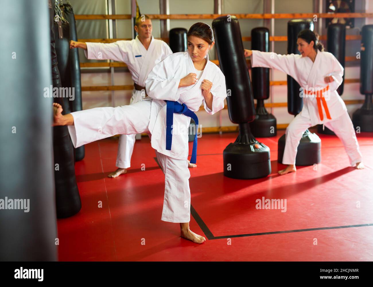 Latino woman is practicing different kicks at gym Stock Photo - Alamy