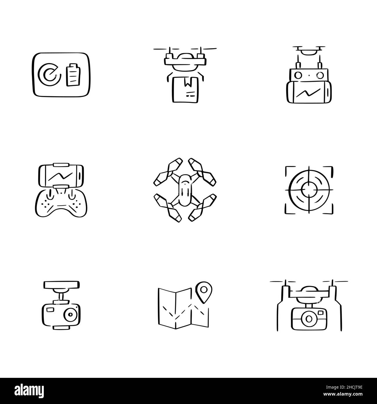 Set of drone related icons. Camera mounts, controller, front view and ...
