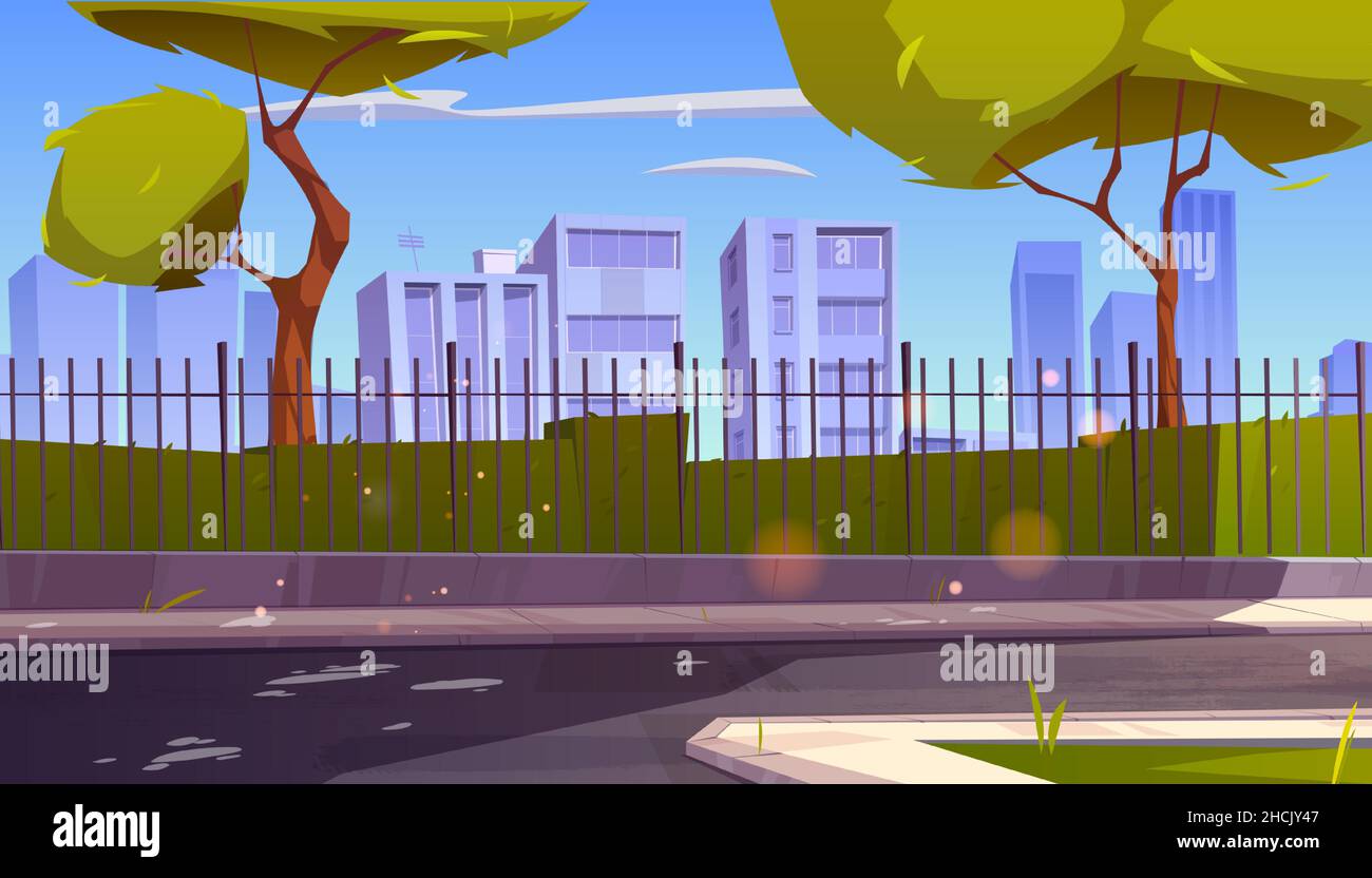 City street with park and buildings behind fence. Vector cartoon ...
