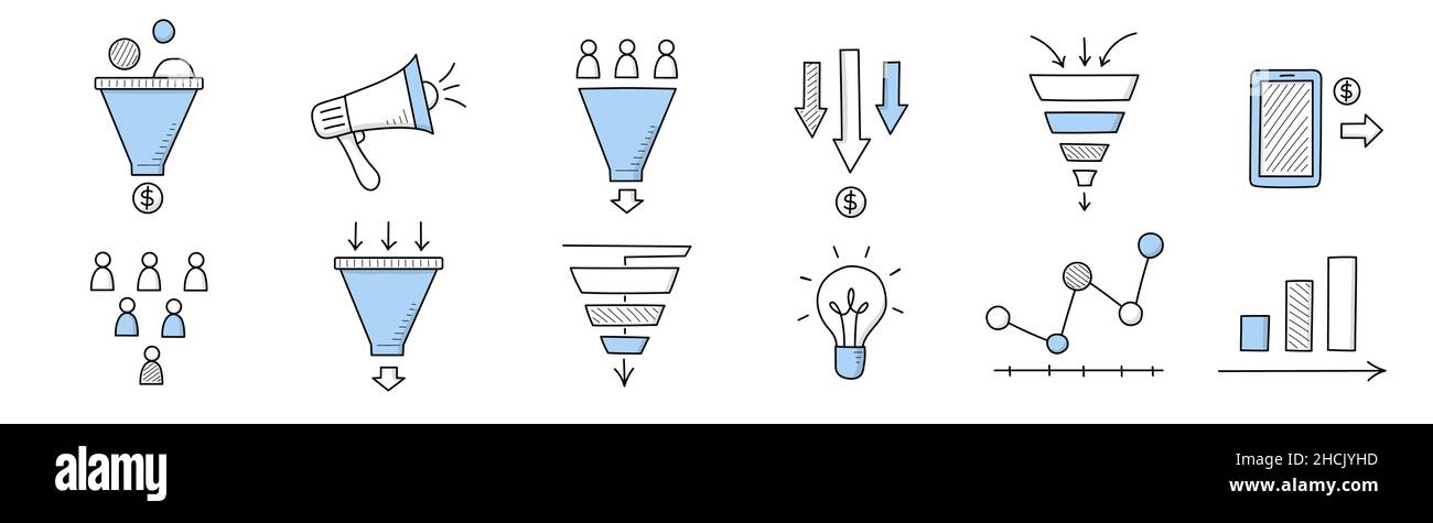 Business funnel icons with charts, people, megaphone, sales funnel ...