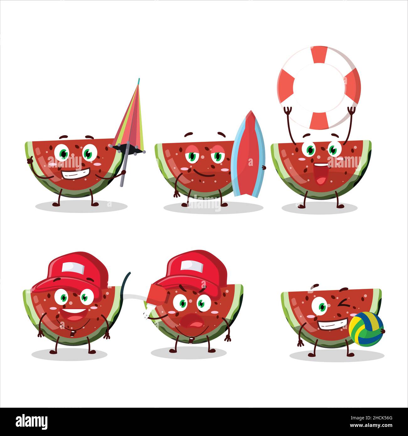 Happy Face watermelon gummy candy cartoon character playing on a beach ...
