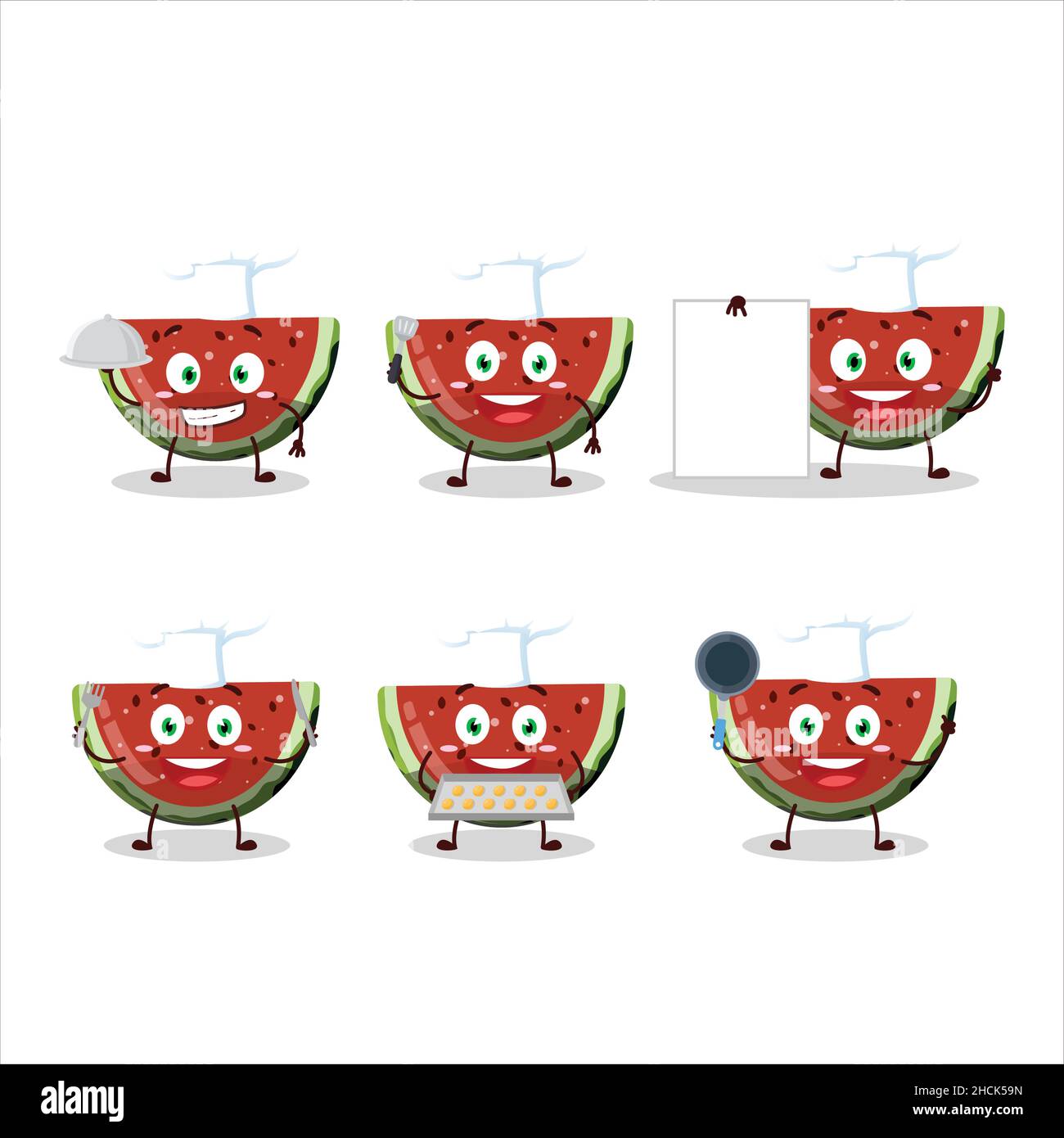 Cartoon character of watermelon gummy candy with various chef emoticons ...