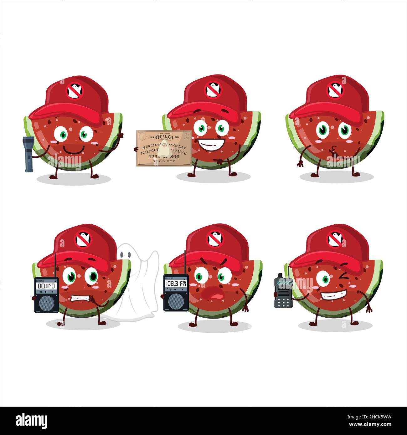 Ghost hunter cartoon watermelon gummy candy character using camera ...