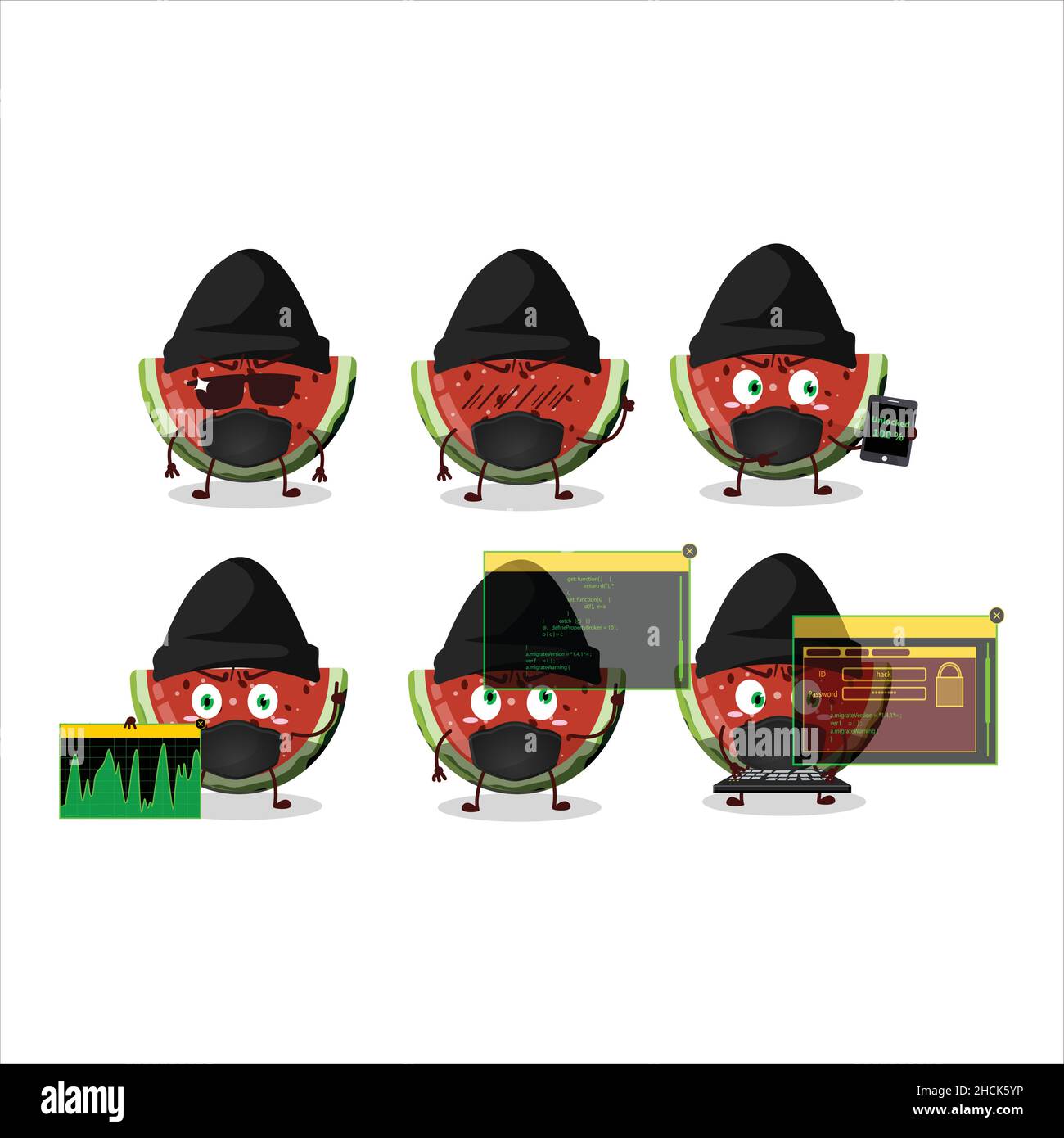 A Hacker watermelon gummy candy character mascot with. Vector ...