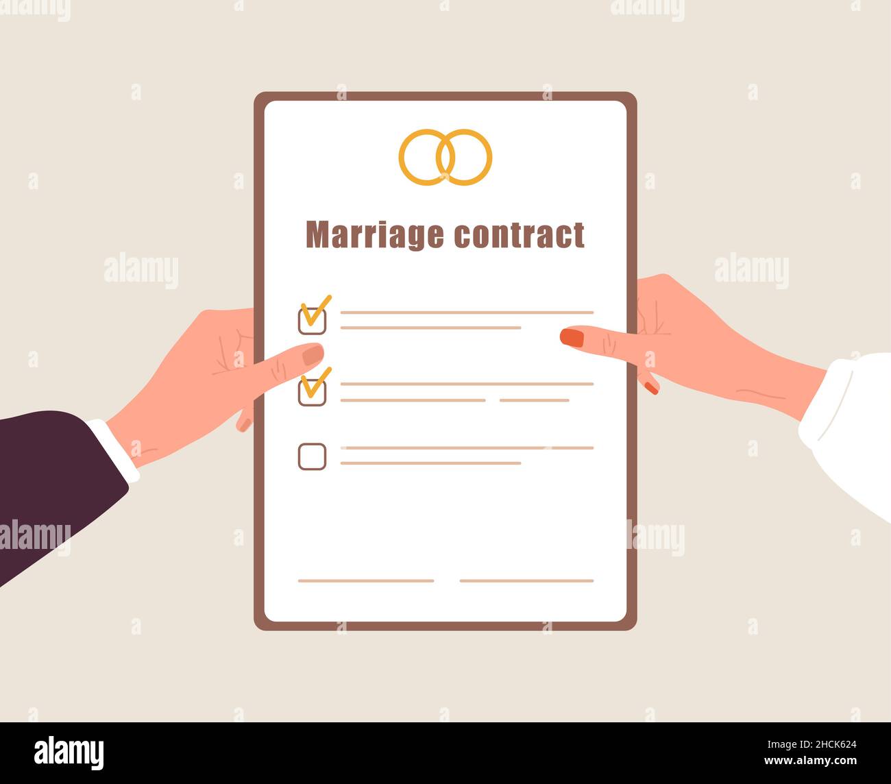 Marriage contract. Woman and man hands holding prenuptial agreement ...