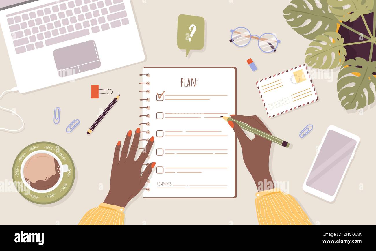 Month planning or checklist concept. African woman planning day or week ...