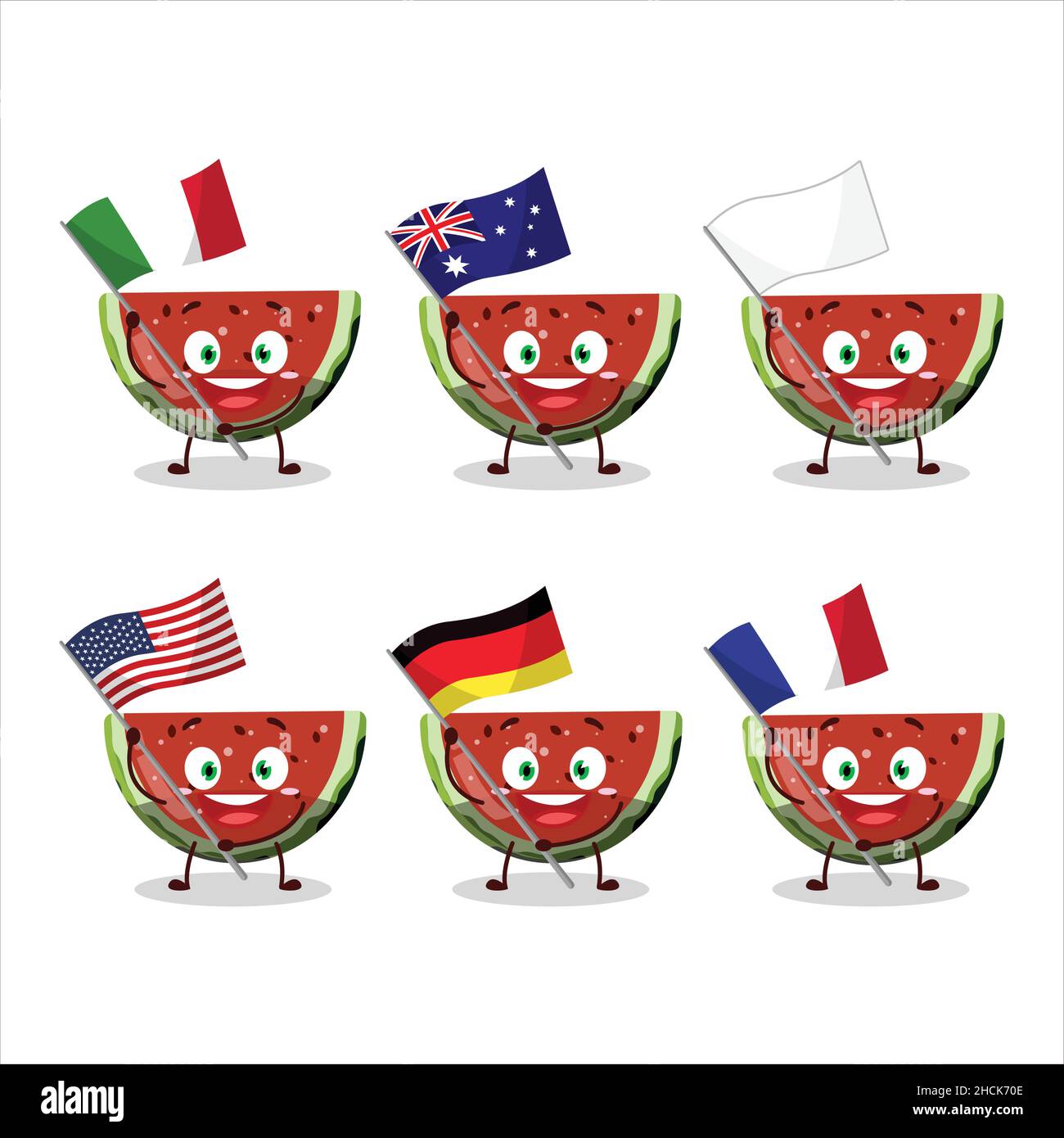 Watermelon gummy candy cartoon character bring the flags of various ...