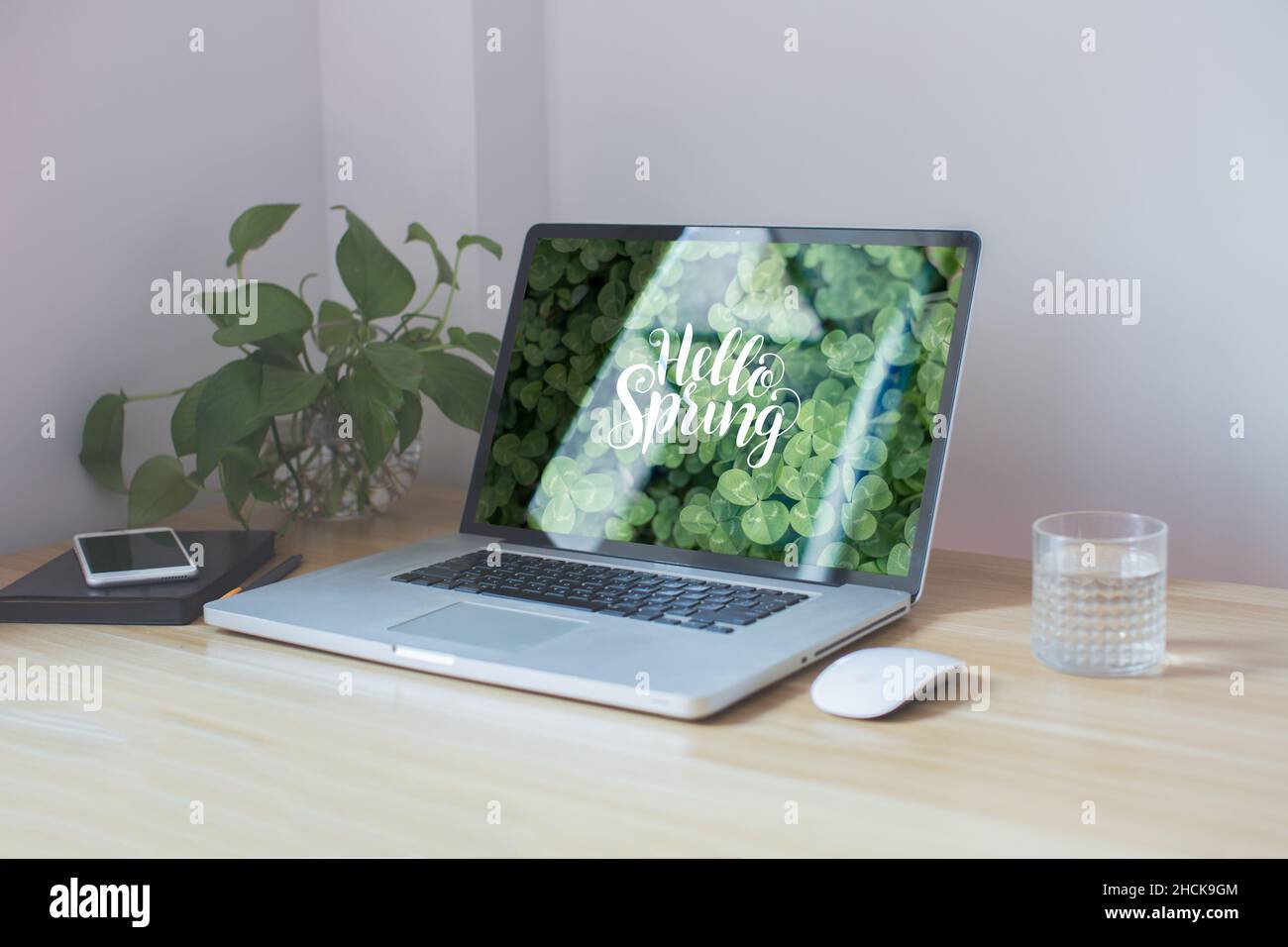 workplace in the corner, computer, mouse, water on the table Stock ...