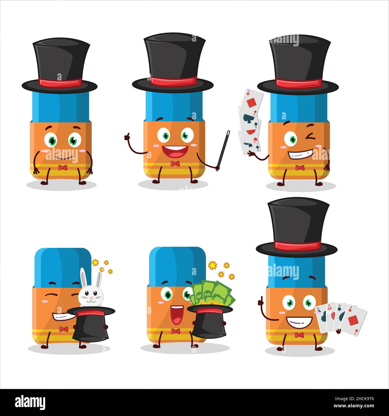 A orange eraser Magician cartoon character perform on a stage. Vector ...