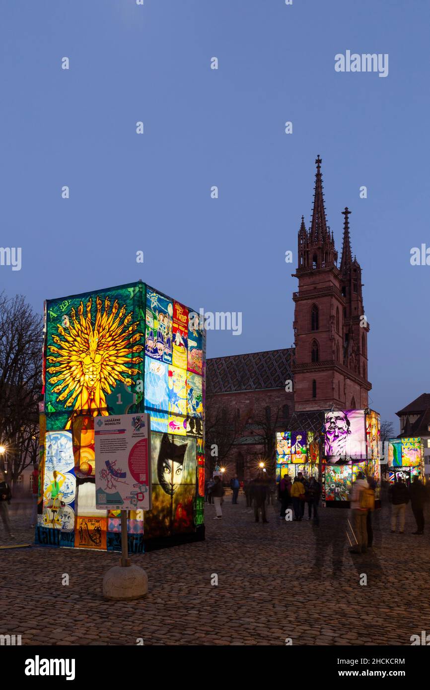 Basel, Switzerland - February 21. Cathedral square with illuminated ...