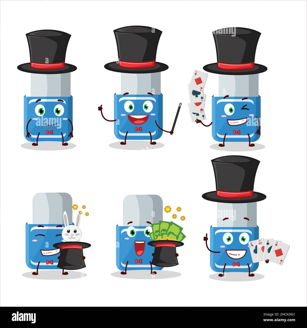 A blue eraser Magician cartoon character perform on a stage. Vector ...