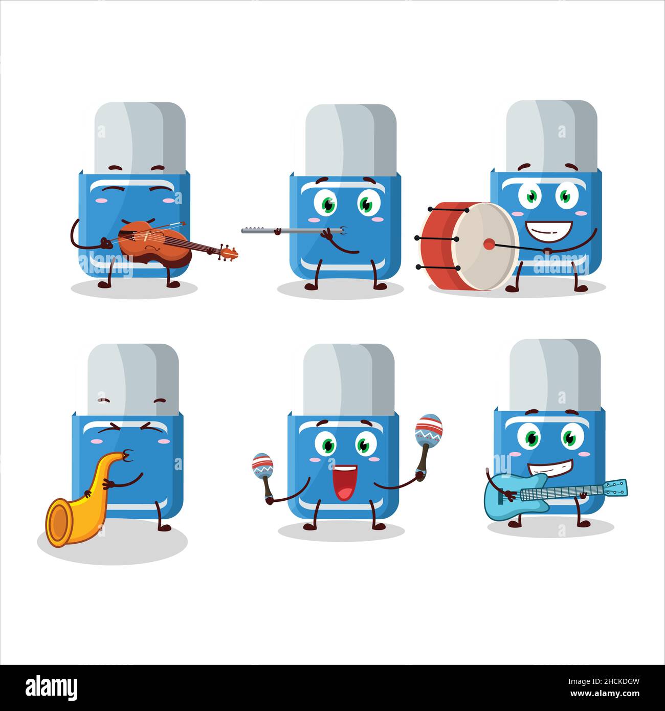 Cartoon character of blue eraser playing some musical instruments ...