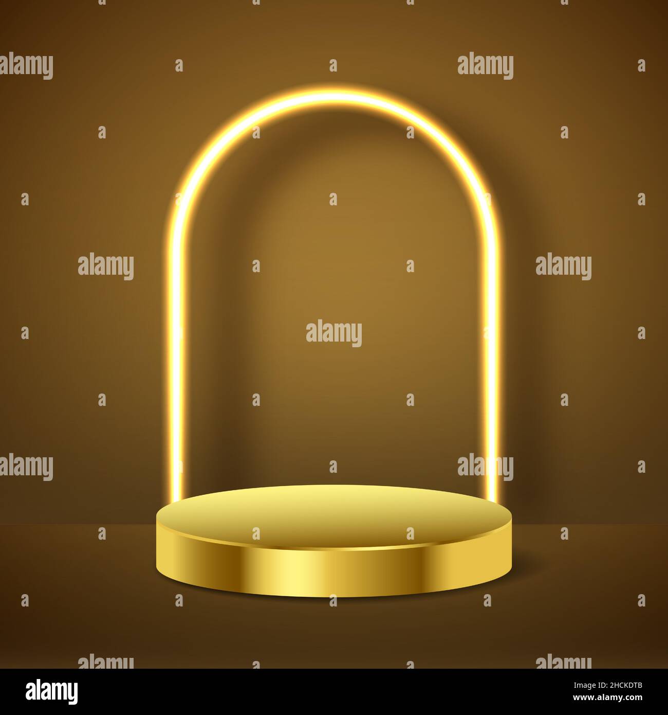 Golden round plinth with luxurious golden arch. Abstract studio room ...