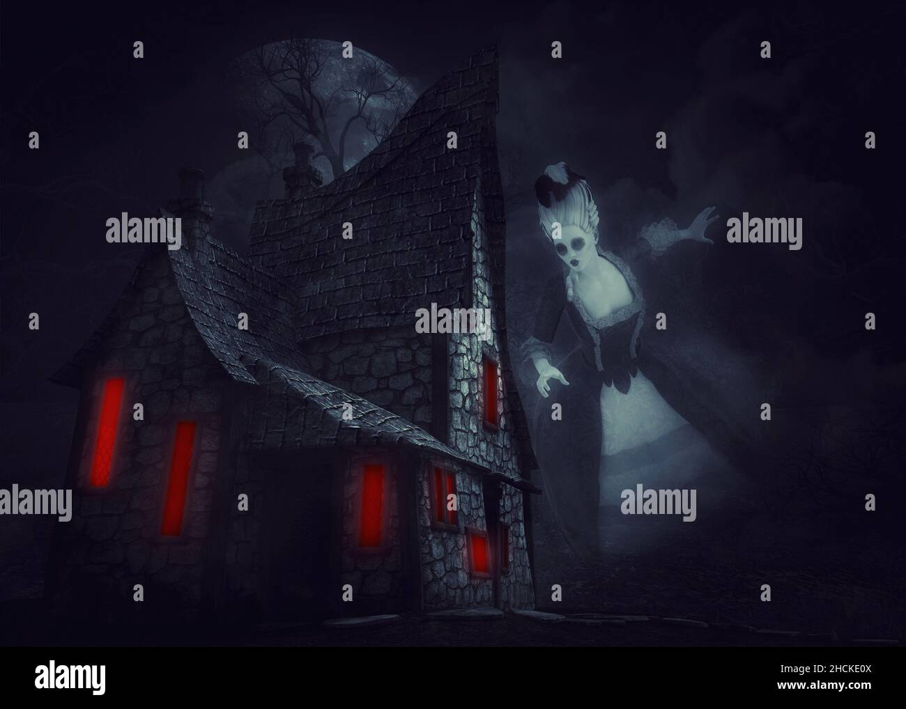 Old abstract spooky Halloween witch house in night forest and Victorian ...